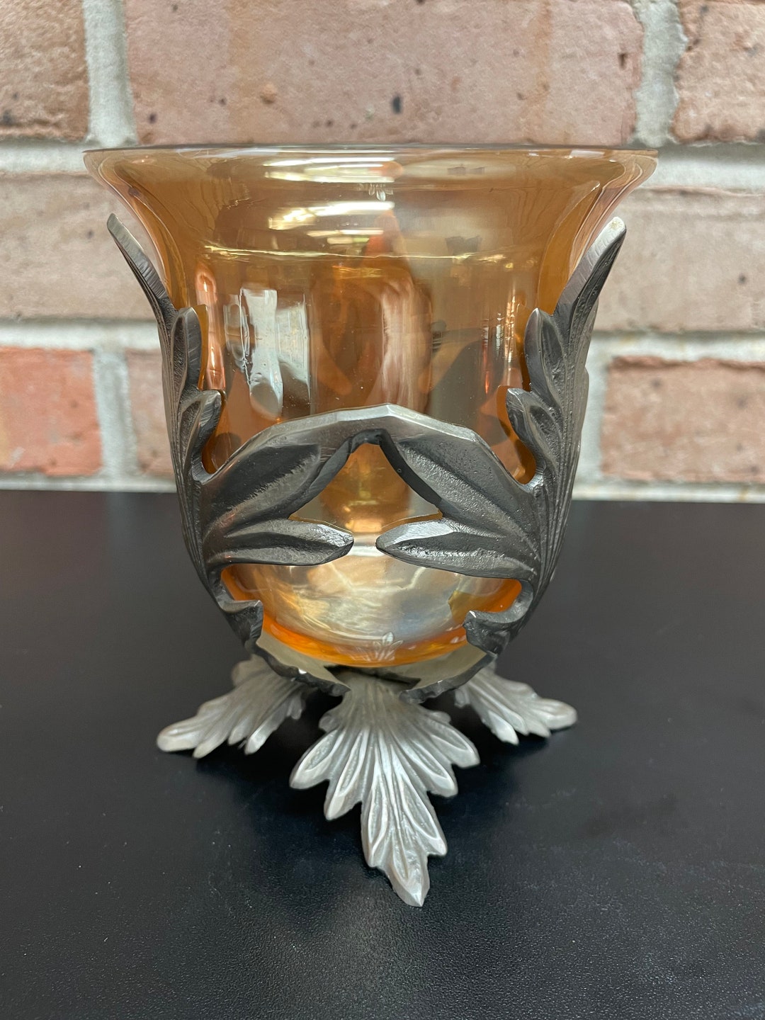 Vintage Iridescent Peach Lustre Glass and Metal Candle Holder Dish Made in India Pewter/silver ...