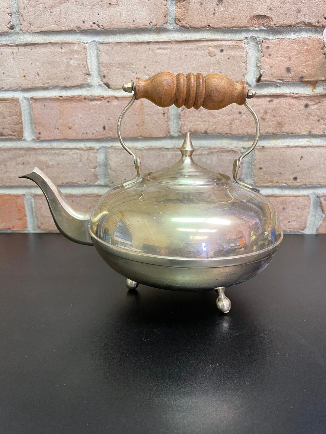 Vintage Brass Kettle Tea Pot With Turned Wooden Handle Beautiful Coffee ...