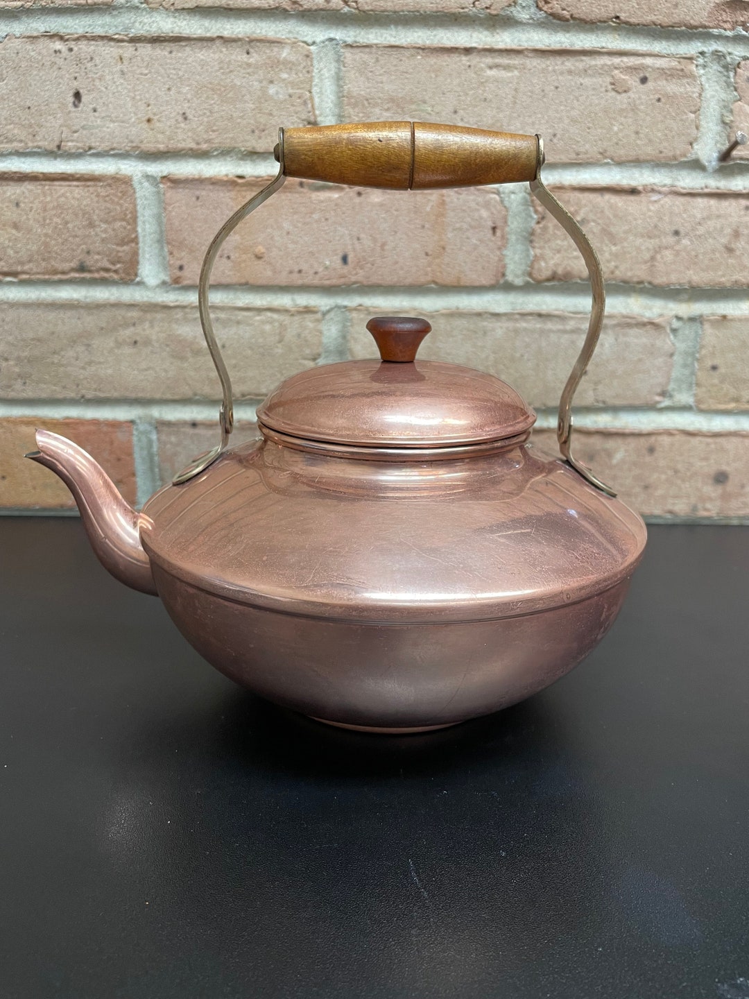 Vintage Copper Tea Pot Tea Kettle With Brass and Wood Accents Marked ...