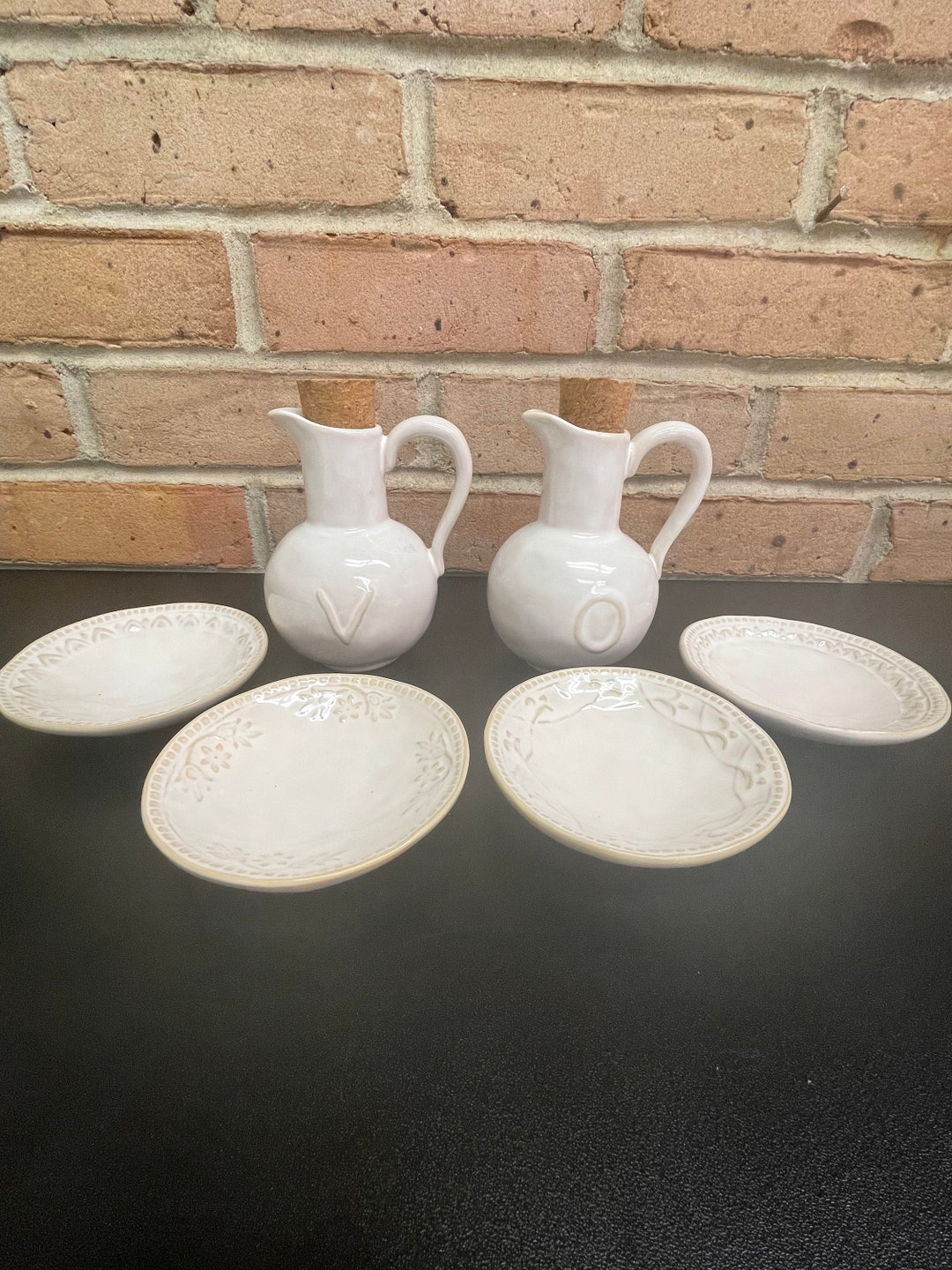 Oil and Vinegar Set W/ 4 Small Plates for Bread Dipping Jars Include ...