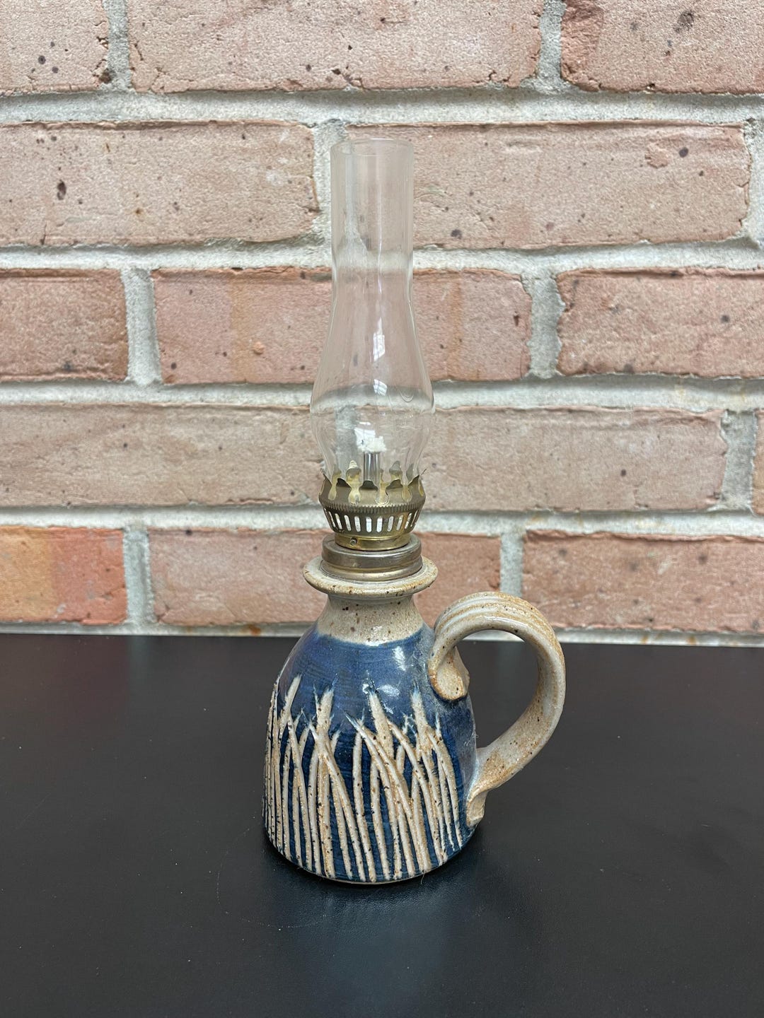 Vintage Handmade Pottery Oil Lamp With Globe Oatmeal and Navy Blue ...