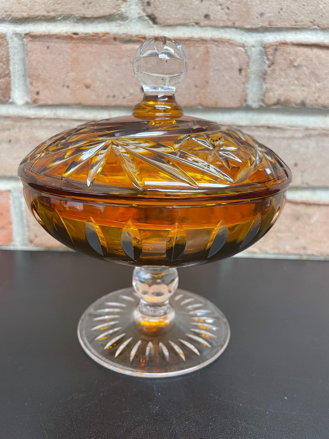 Vintage Amber Cut Glass Lidded Pedestal Dish for Candy, Nuts, or Great ...
