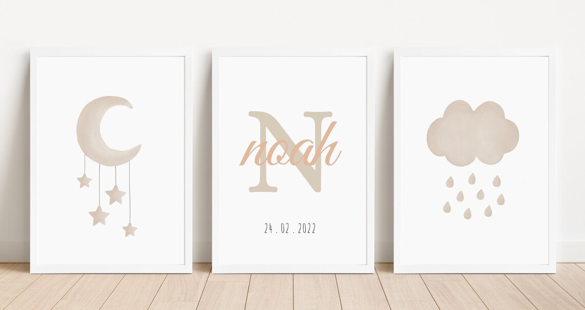 Cloud Moon Stars Boho Nursery Prints, Crib Sign, Newborn Name Sign ...