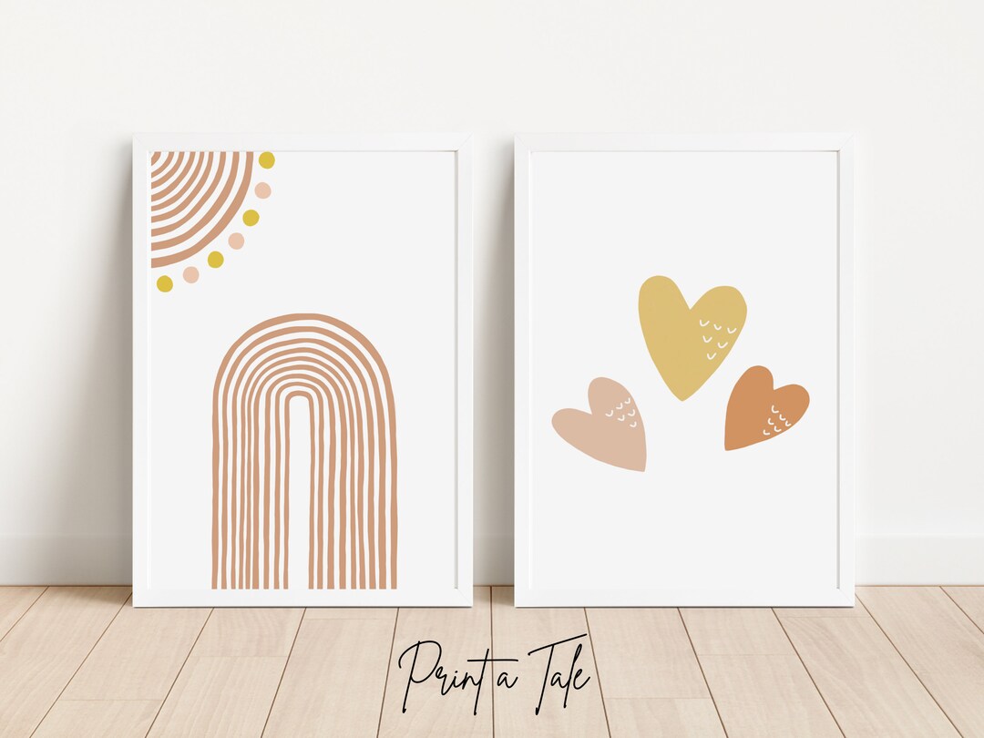 Herzen Regenbogen und Sonne Boho Kinderzimmer Print 2er Set, geschlechtsneutrale Kinder ...