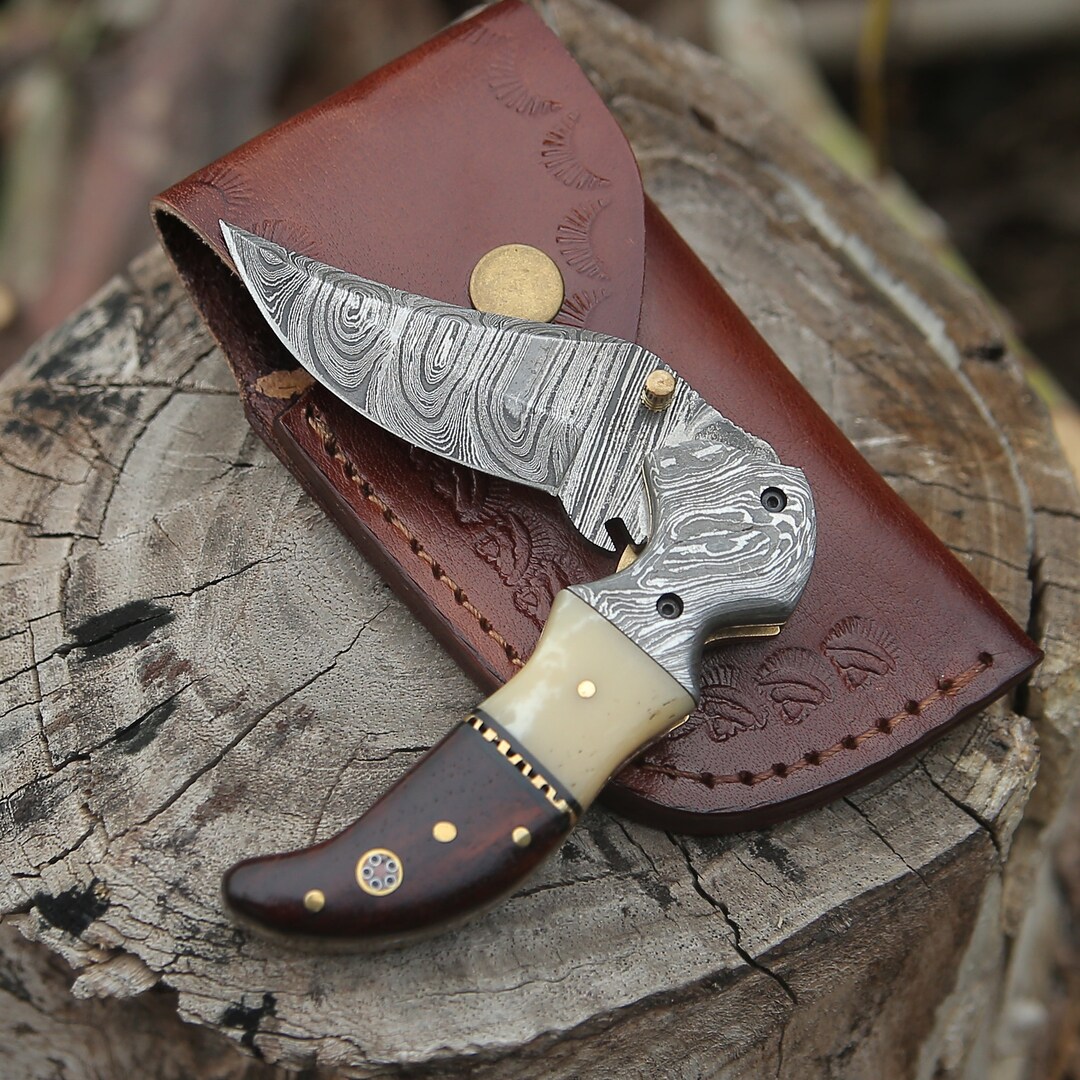 Personalized Handmade Damascus Steel Pocket Knife Camel Bone and Wood ...