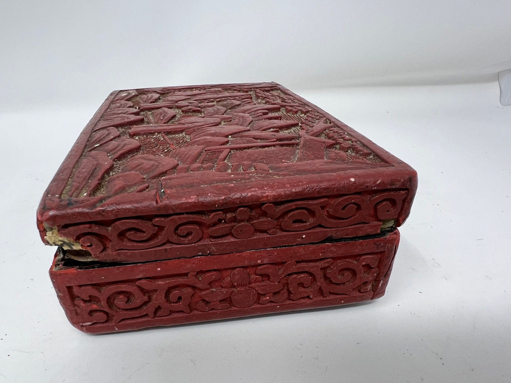 Chinese Vintage Antique Cinnabar Box With Vintage Jade Carving 2 L ...