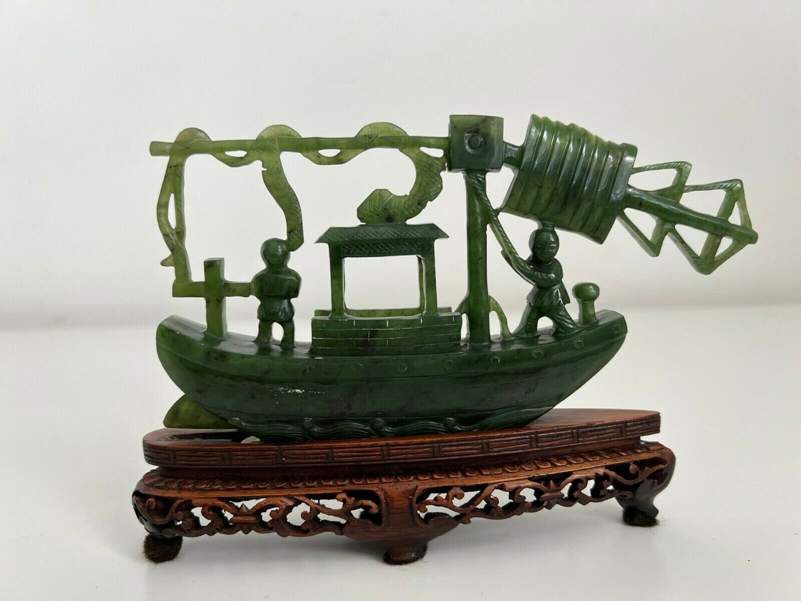 Chinese Antique Carved Jasper Jade Boat W/carved Wood Stand 6 1/2 W ...