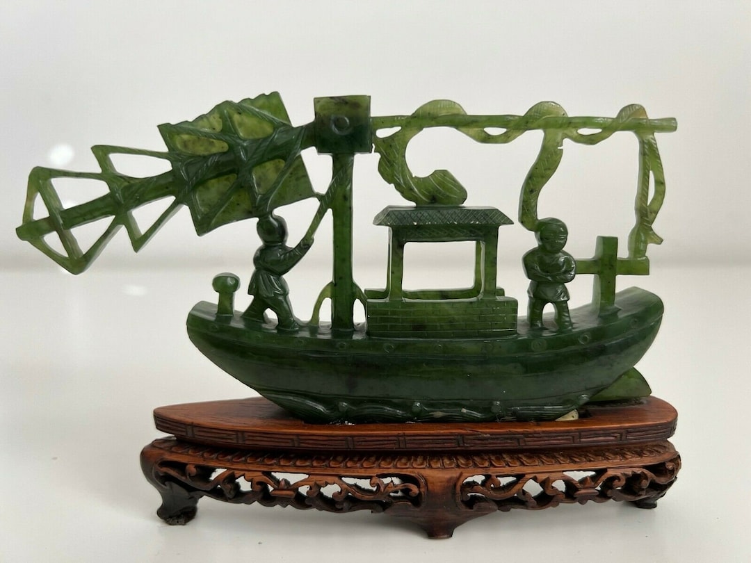 Chinese Antique Carved Jasper Jade Boat W/carved Wood Stand 6 1/2 W ...
