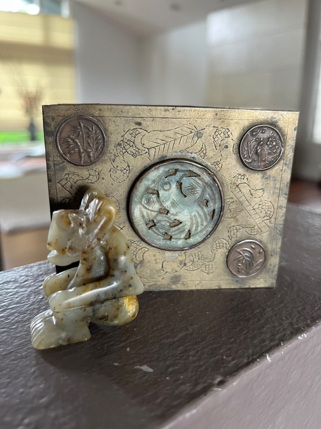 Chinese Antique Jade Carving With Antique Jade Inlay Brass Box 2 H ...