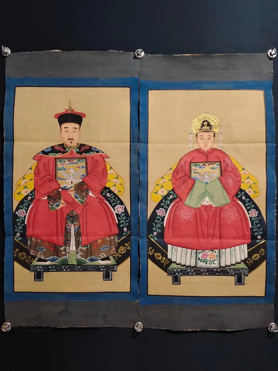 Chinese Antique Collection Hand Drawn Oil Painting of the Emperor and ...