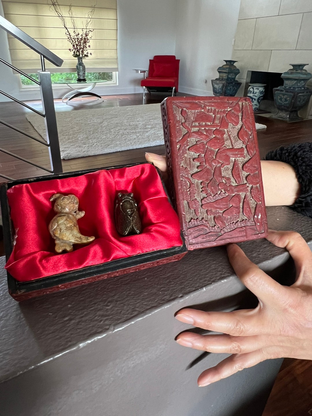 Chinese Vintage Antique Cinnabar Box With Vintage Jade Carving 2 L ...