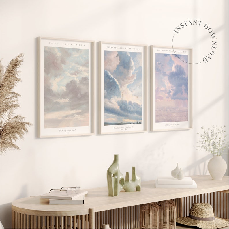 Cloud Print Set of 3, Vintage Cloudy Sky Print, Cloud Wall Art, Sky ...