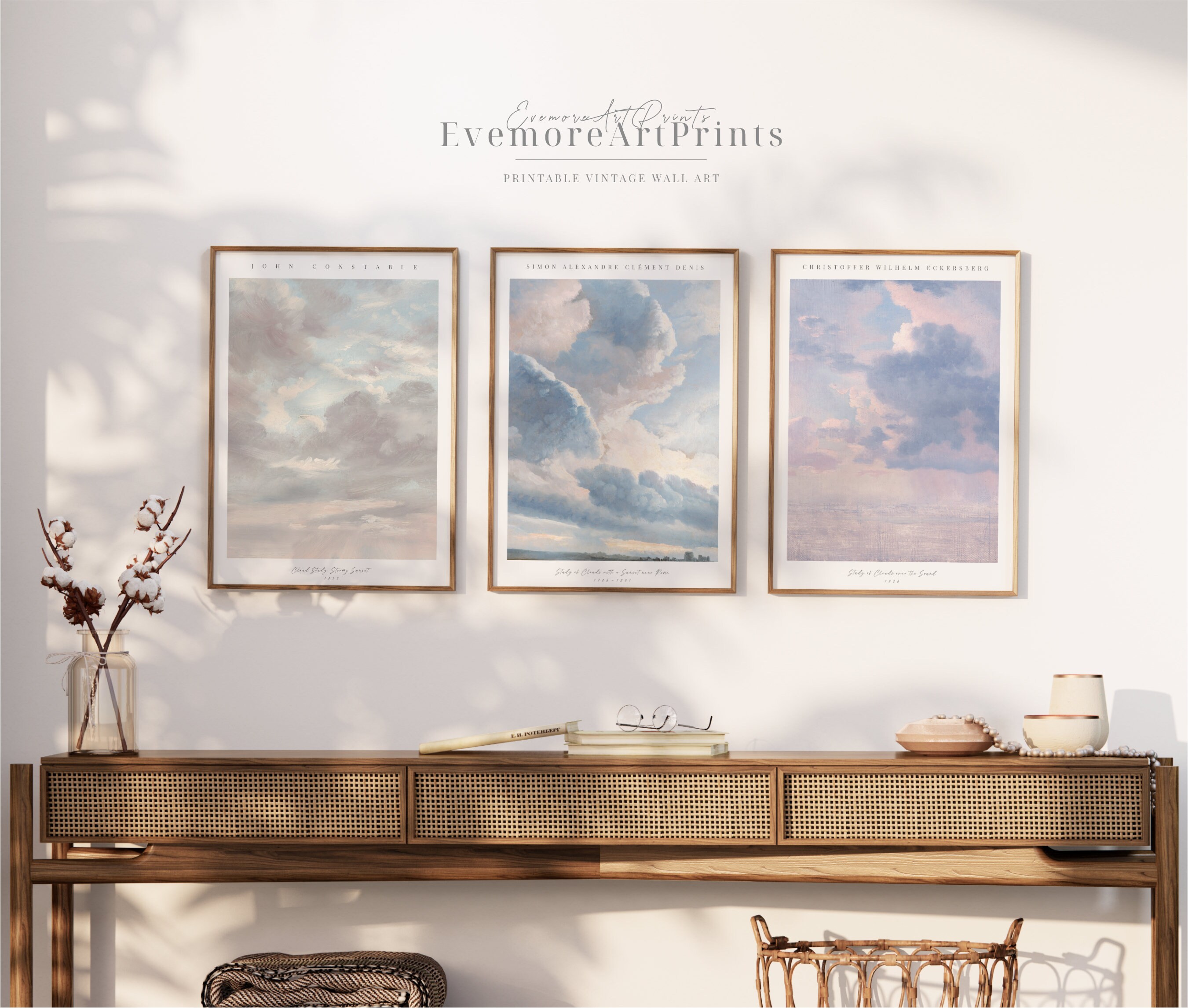 Cloud Print Set of 3, Vintage Cloudy Sky Print, Cloud Wall Art, Sky ...