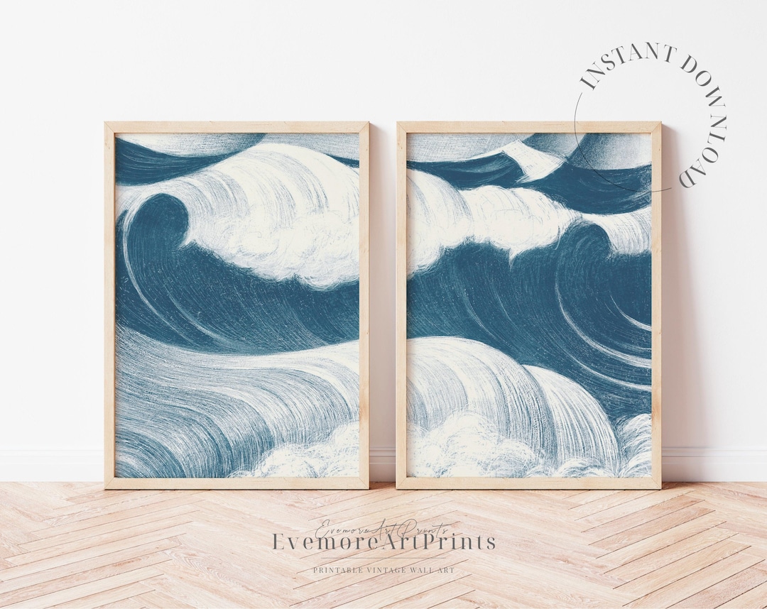 Navy Blue Ocean Wave Wall Art Set of 2 | Minimalist Abstract Coastal ...