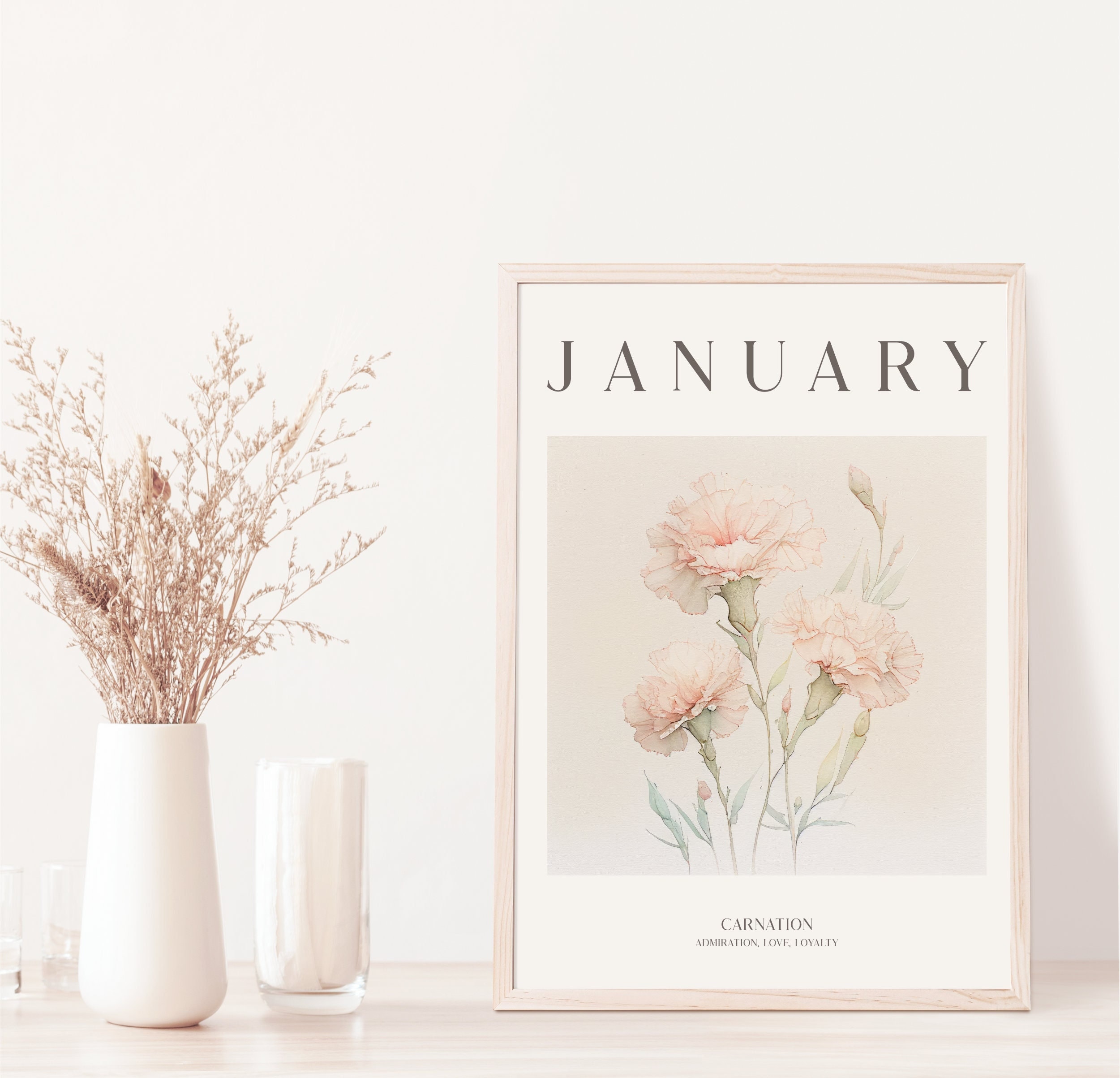 Birth Month Flower Print, January Birthday Carnation Print, Watercolour ...