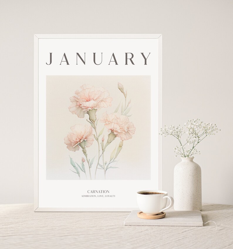 Birth Month Flower Print, January Birthday Carnation Print, Watercolour ...