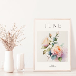 Birth Month Flower Print, June Birthday Gift, Rose Print, Watercolour ...