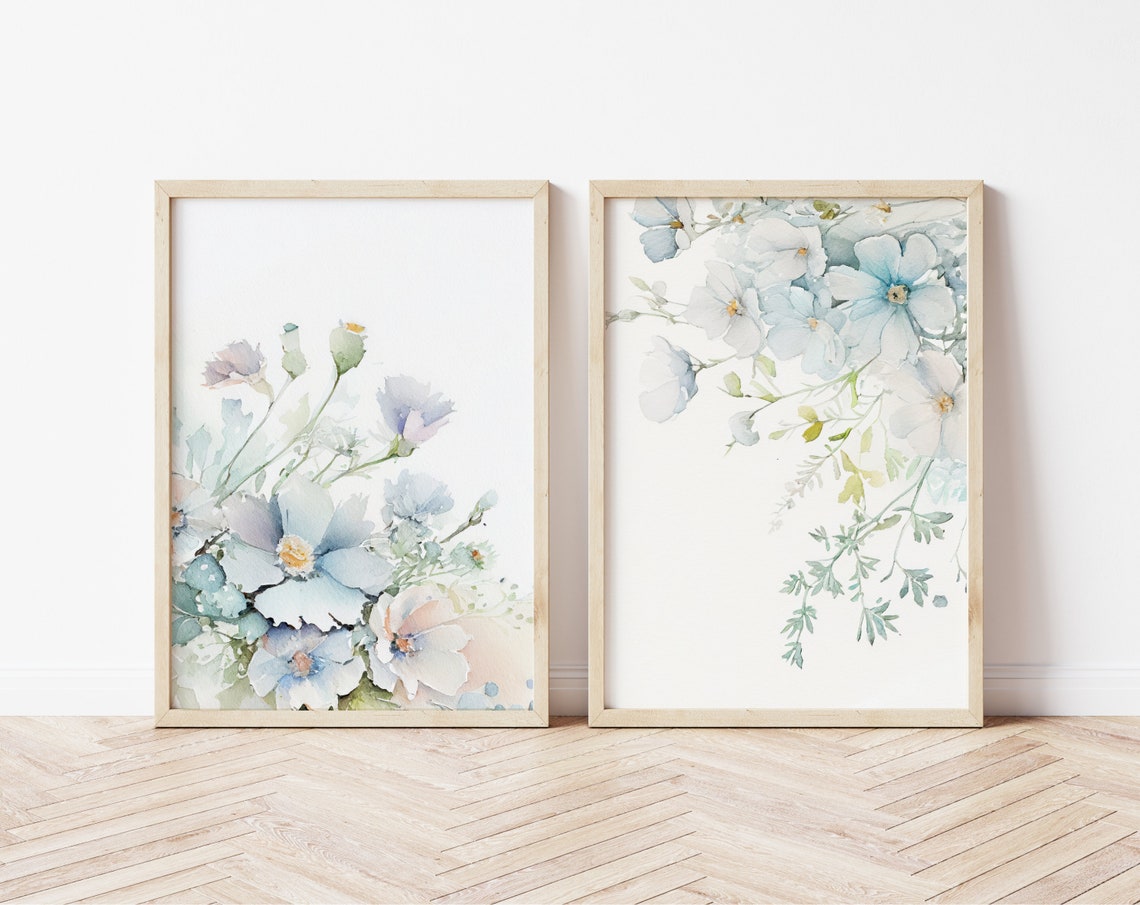 Watercolor Wildflower Wall Art Pale Blue Wall Art 2 Piece - Etsy
