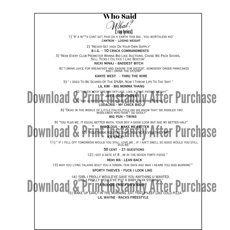 Printable Hip Hop Game Night Rap Lyrics Trivia - Etsy