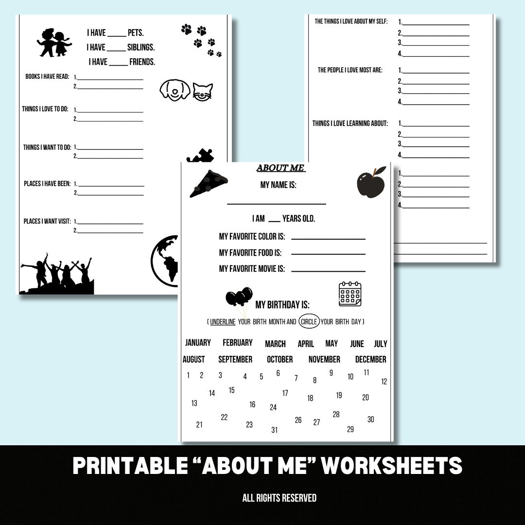 PRINTABLE About Me Get to Know Me Worksheets - Etsy