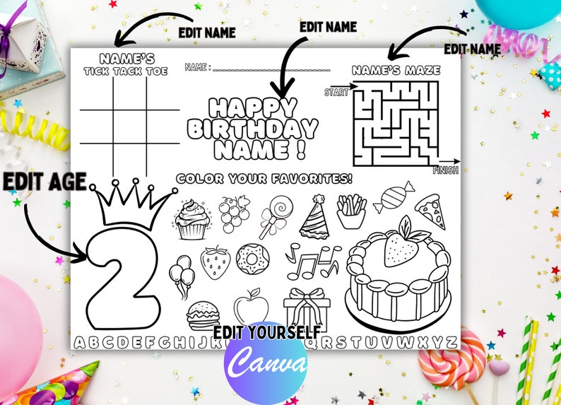 Editable Custom Birthday Coloring Page Personalized Birthday Placemat ...