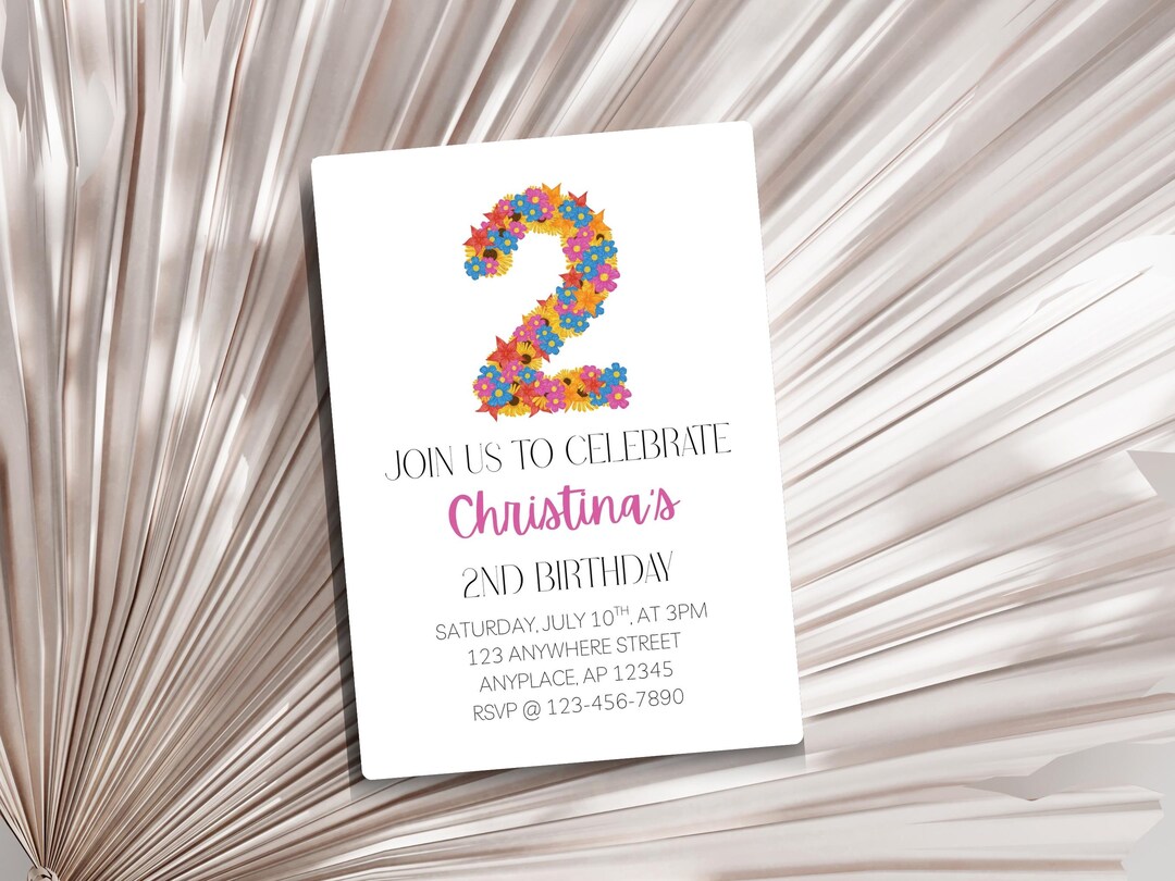 2nd Birthday Invitation Template | Floral Number Two Birthday Invite ...