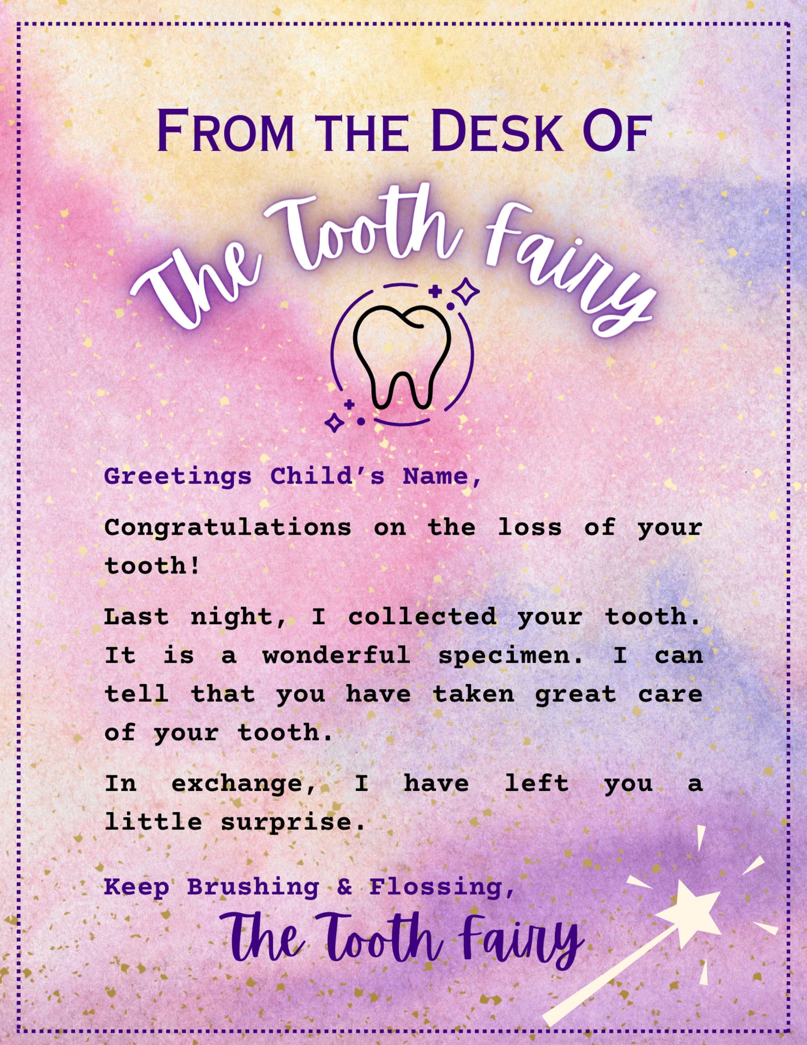 Letter From Tooth Fairy Template Editable Tooth Fairy Letter Editable ...