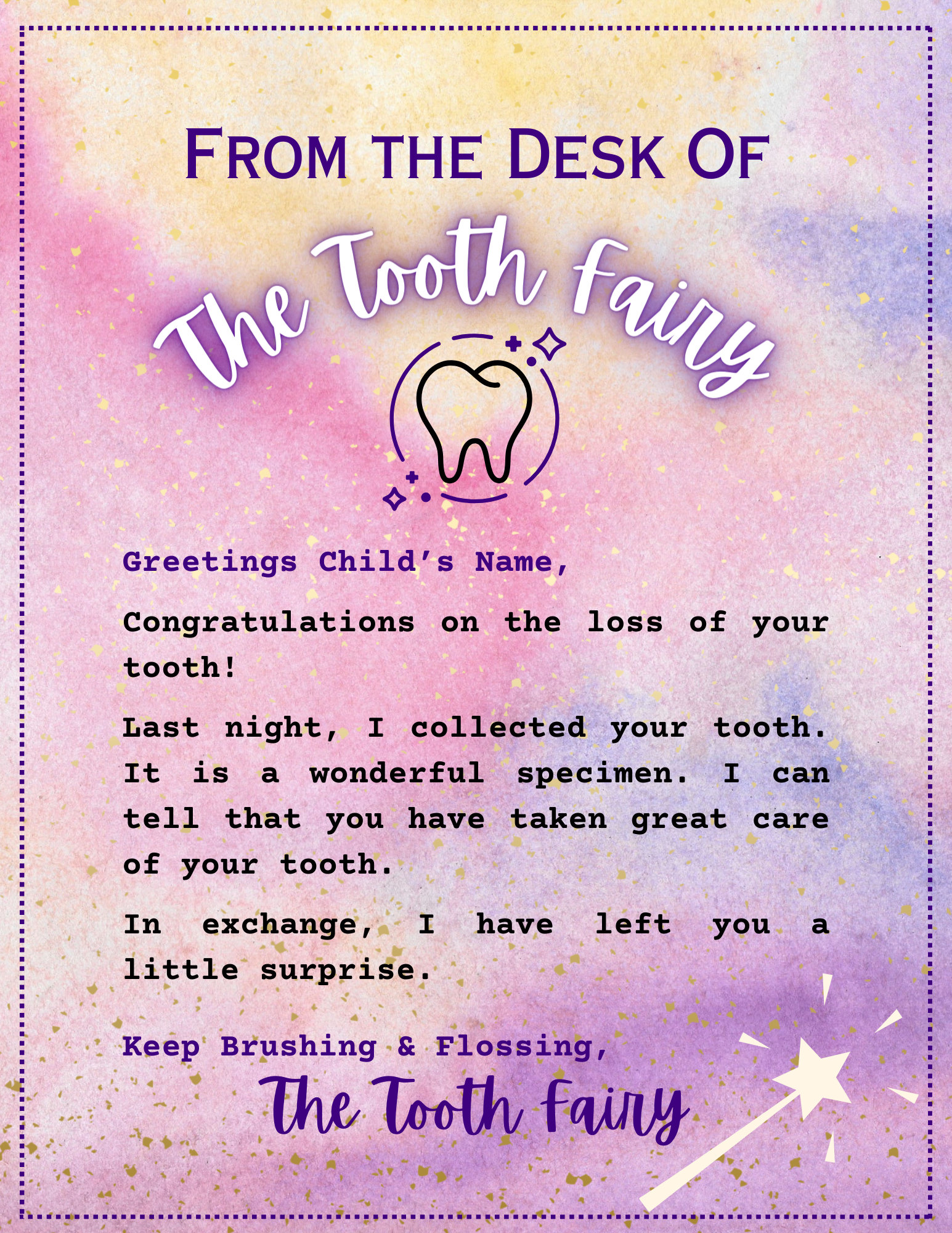 Letter From Tooth Fairy Template Editable Tooth Fairy Letter Editable ...