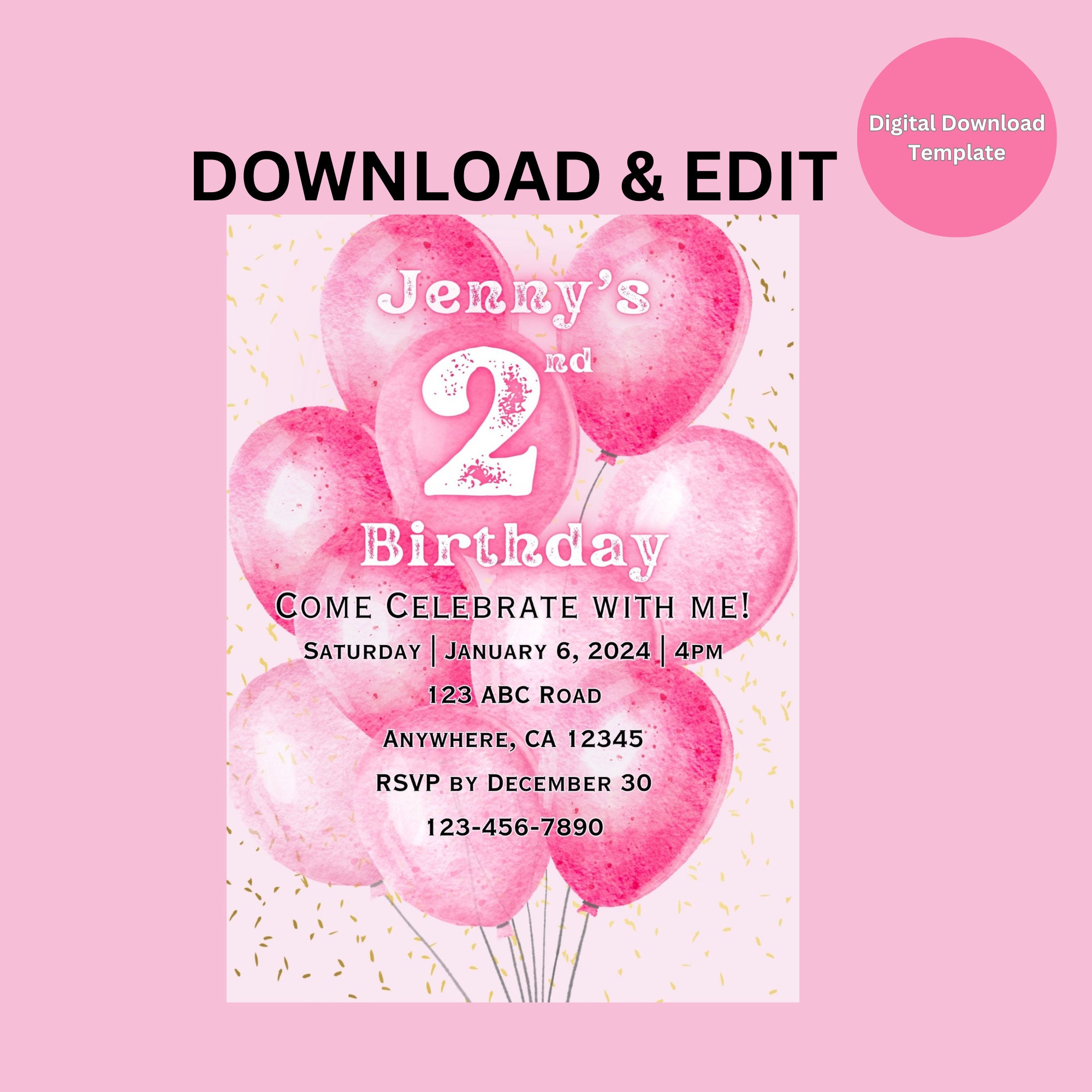 Pink Balloons Birthday Invitation Template Customizable Pink Balloons ...