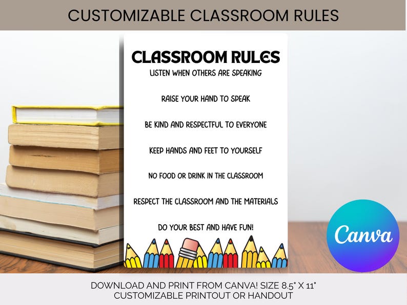 Printable Classroom Rules Template: Customizable Class Handout (8.5" X ...