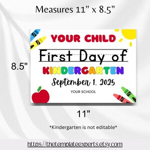 Editable First Day of Kindergarten Sign: 11x8.5 Printable (digital ...
