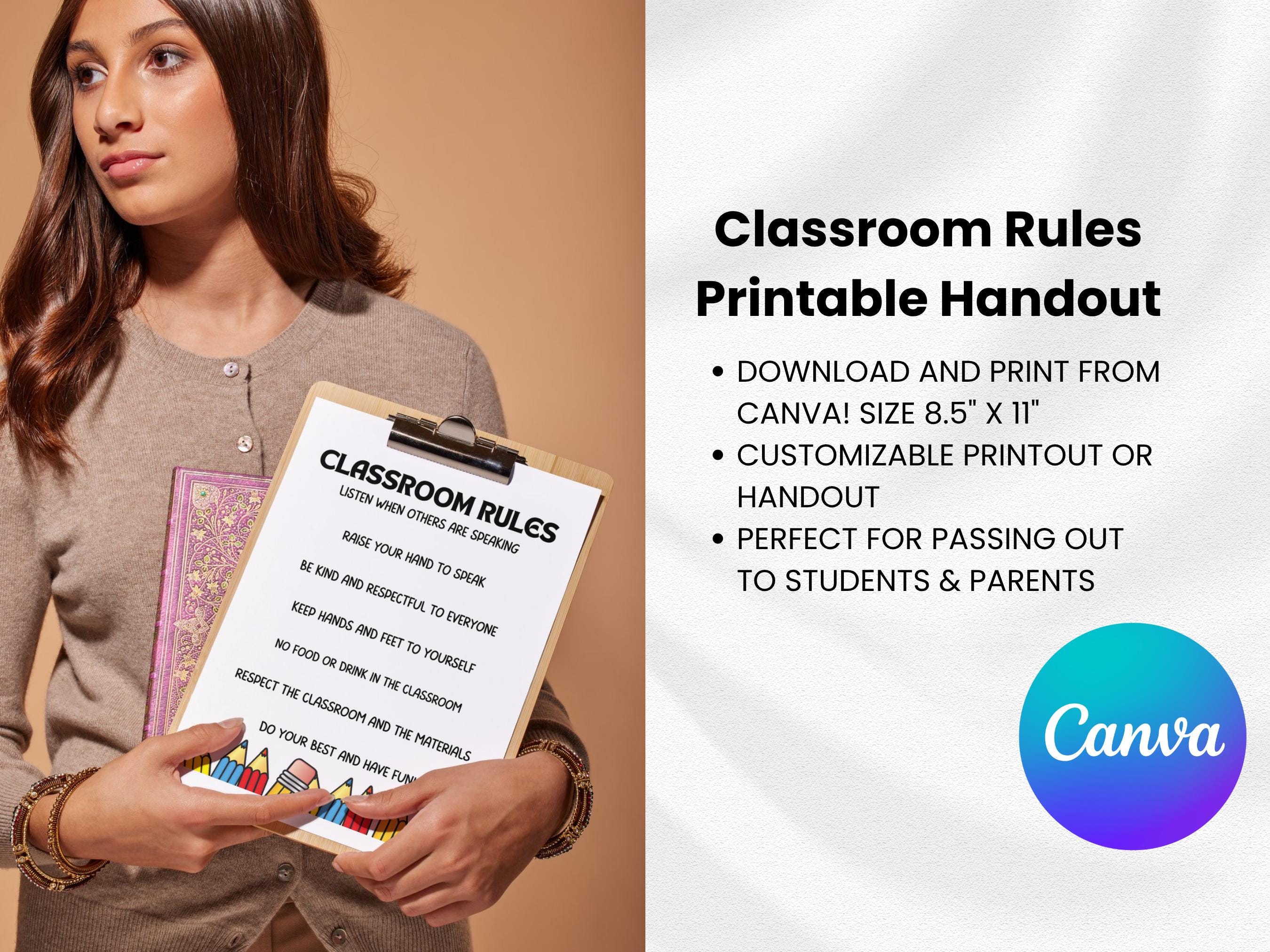 Printable Classroom Rules Template: Customizable Class Handout (8.5" X ...