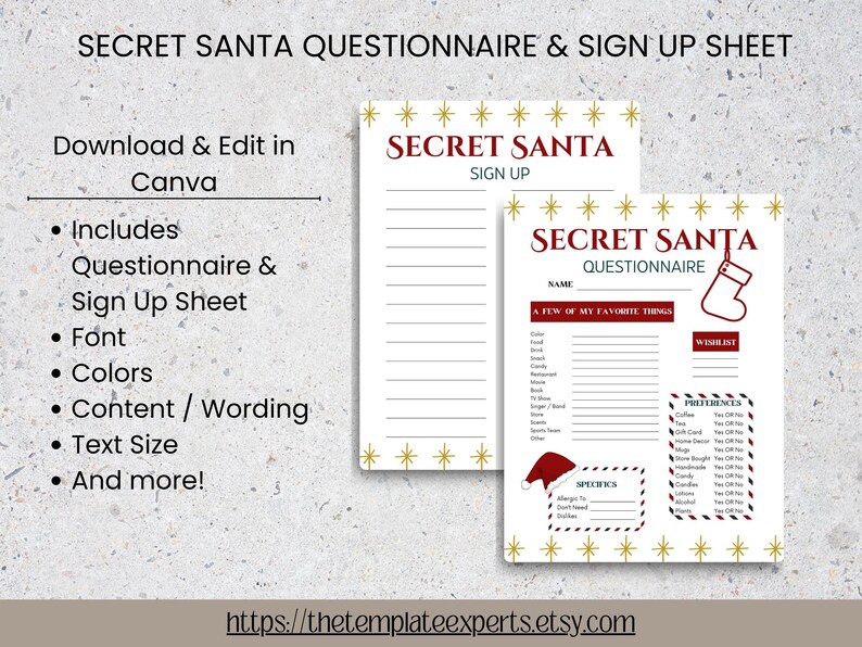 Secret Santa Questionnaire | Secret Santa Sign up Bundle | Secret Santa ...