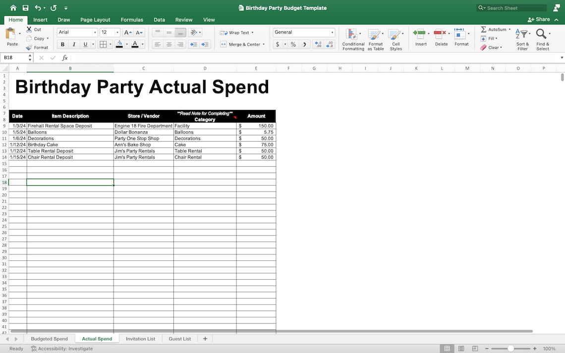Birthday Party Budget Template: Excel Spreadsheet (digital Download) - Etsy
