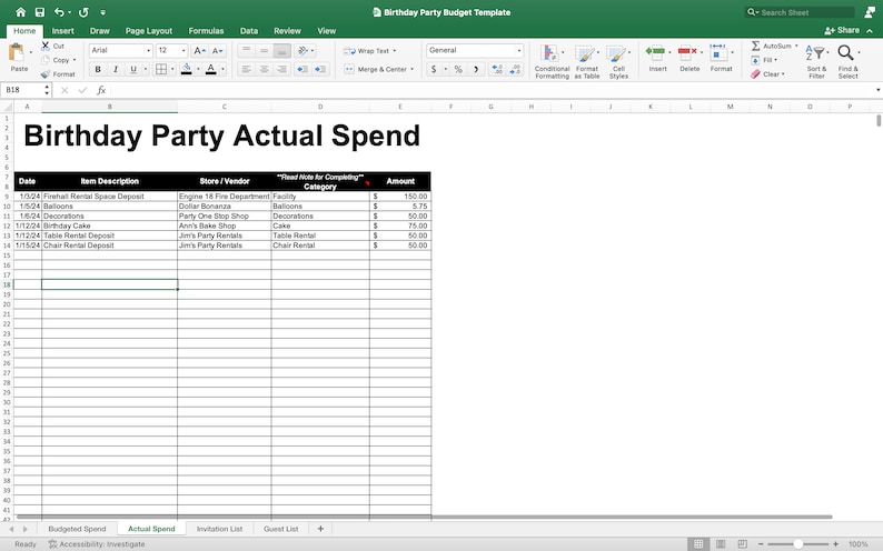 Birthday Party Budget Template: Excel Spreadsheet (digital Download) - Etsy