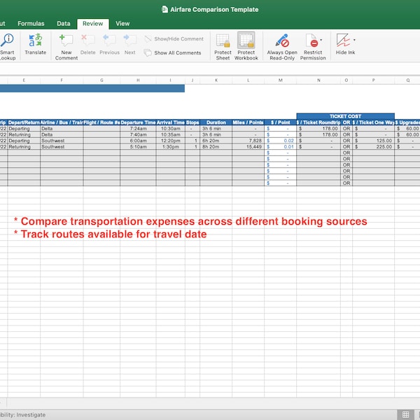 Travel Comparison Template - Etsy