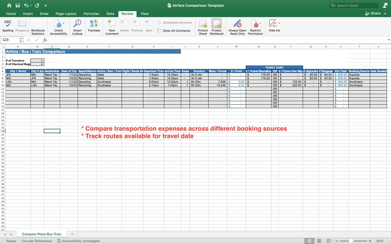 Travel Comparison Template Excel Instant Download Compare Your Airfare ...