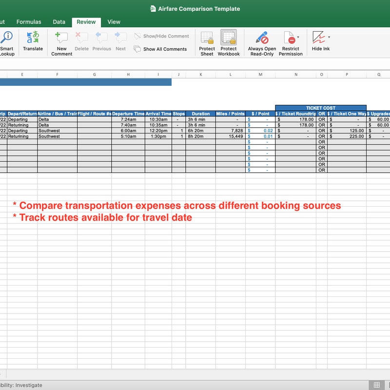 Flight Comparison Template - Etsy