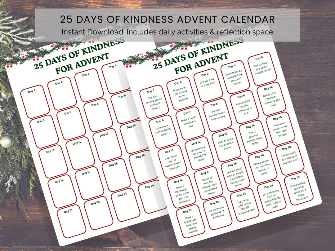 25 Days of Kindness Advent Calendar, Printable Acts of Kindness ...