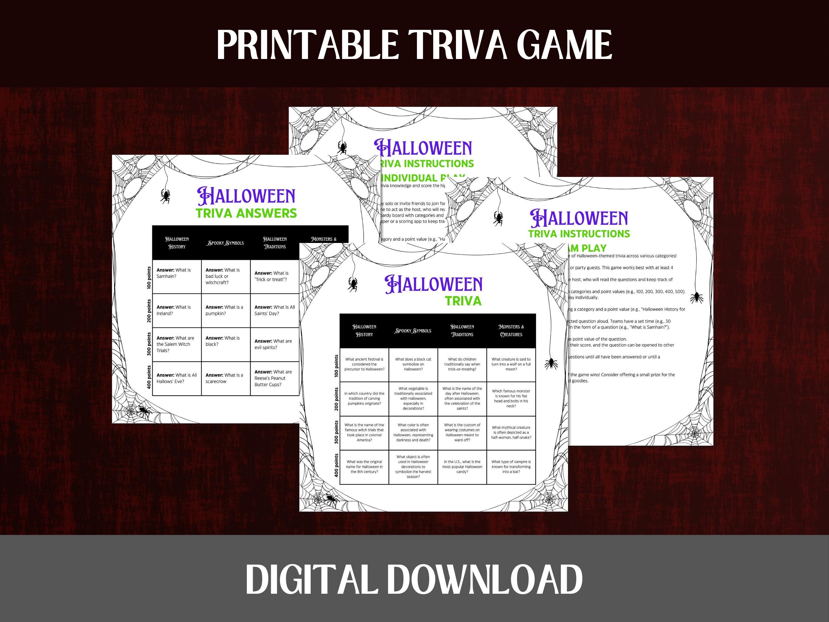 Halloween Trivia Game Printable Halloween Game Halloween Jeoparty Game ...
