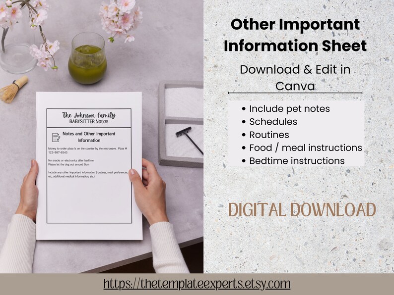 Babysitter Note Sheet | Printable Babysitter Information Sheet | Editable Babysitter Information ...