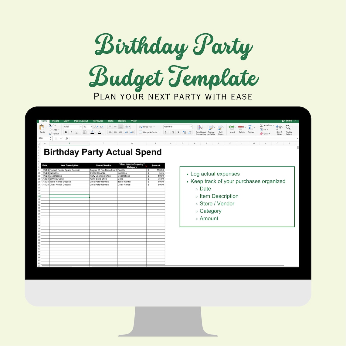 Birthday Party Budget Template: Excel Spreadsheet (digital Download) - Etsy