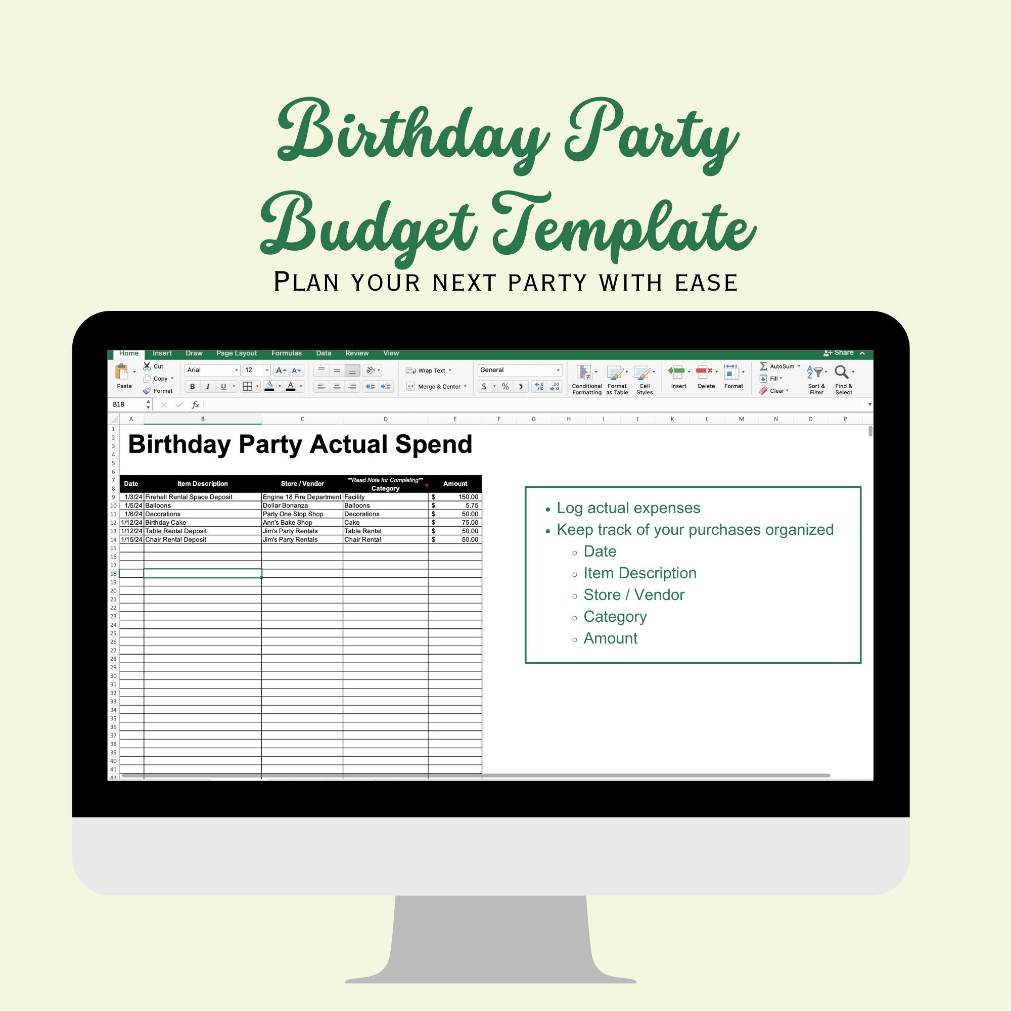 Birthday Party Budget Template | Party Budget Spreadsheet | Excel Party ...