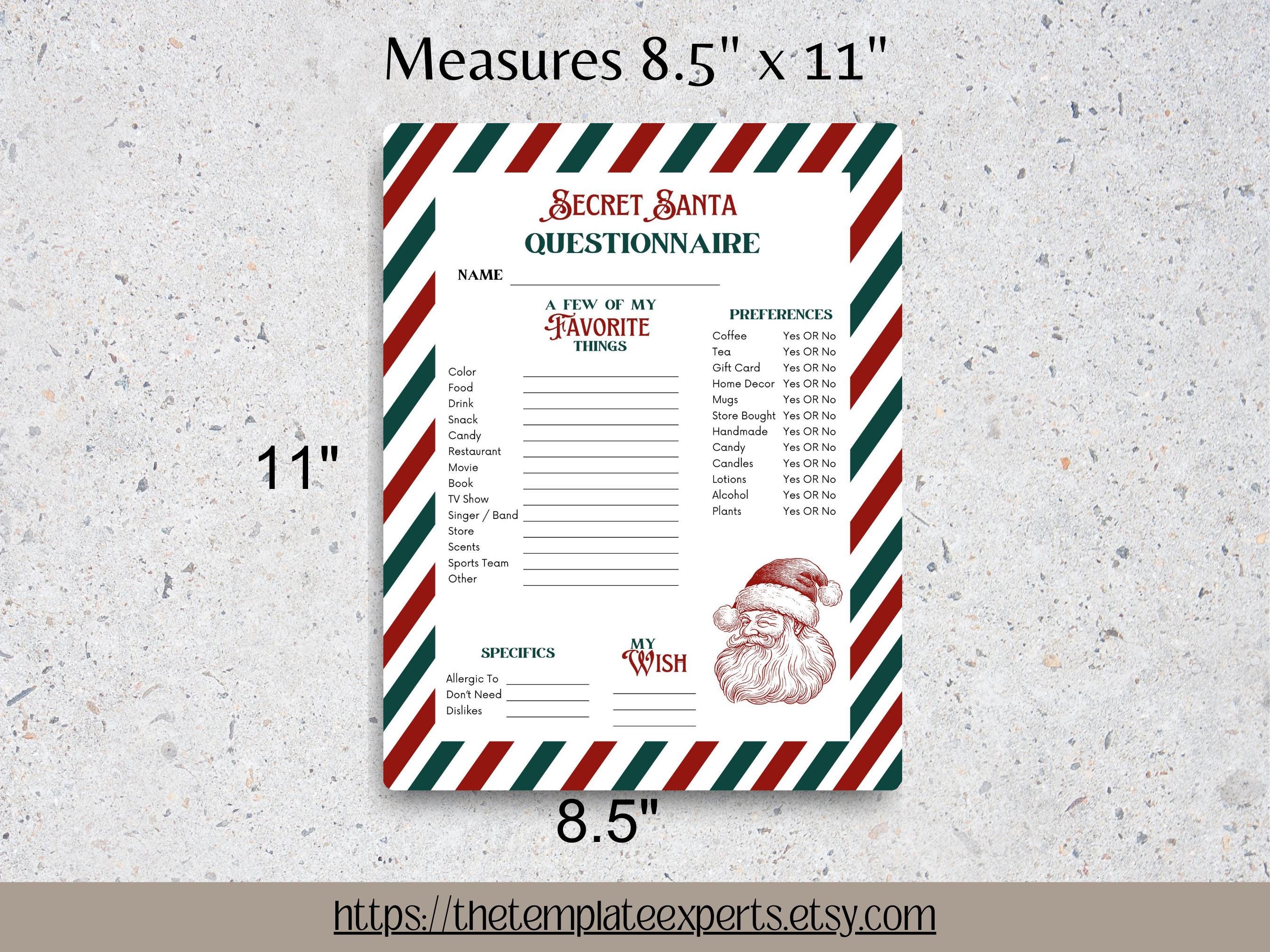 Secret Santa Questionnaire | Printable Secret Santa Kit | Secret Santa ...