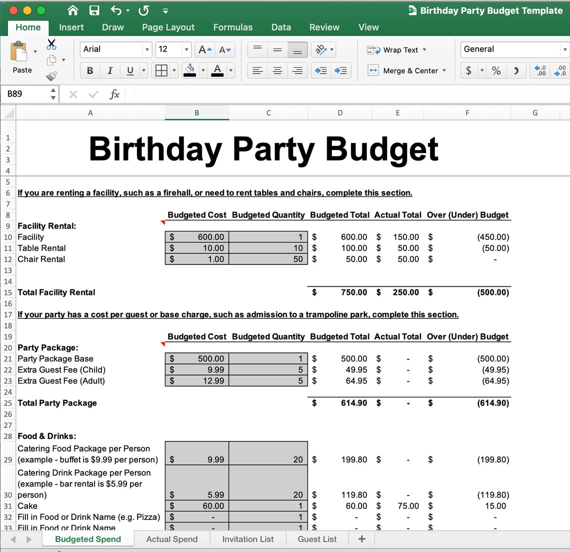 Birthday Party Budget Template | Party Budget Spreadsheet | Excel Party ...