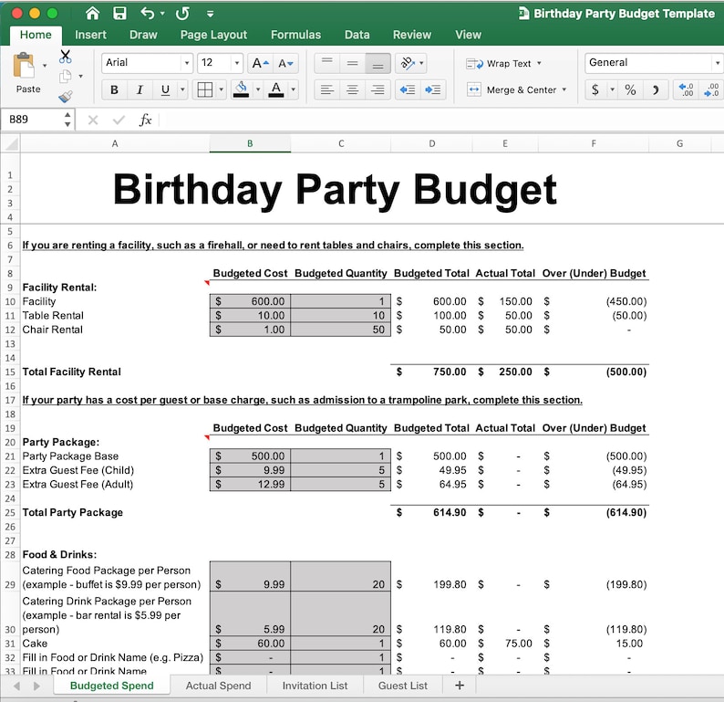 Birthday Party Budget Template | Party Budget Spreadsheet | Excel Party ...