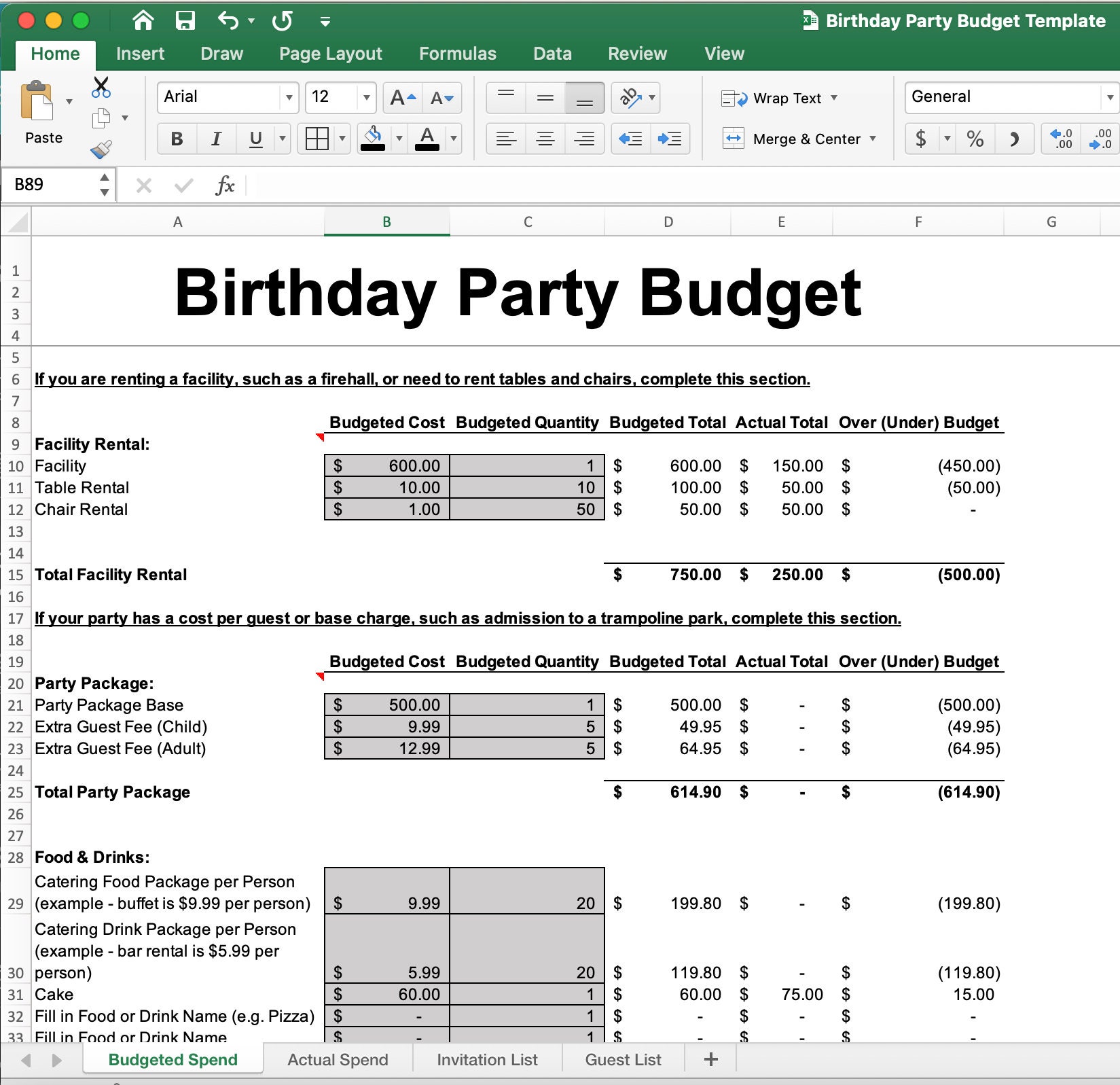 Birthday Party Budget Template | Party Budget Spreadsheet | Excel Party ...
