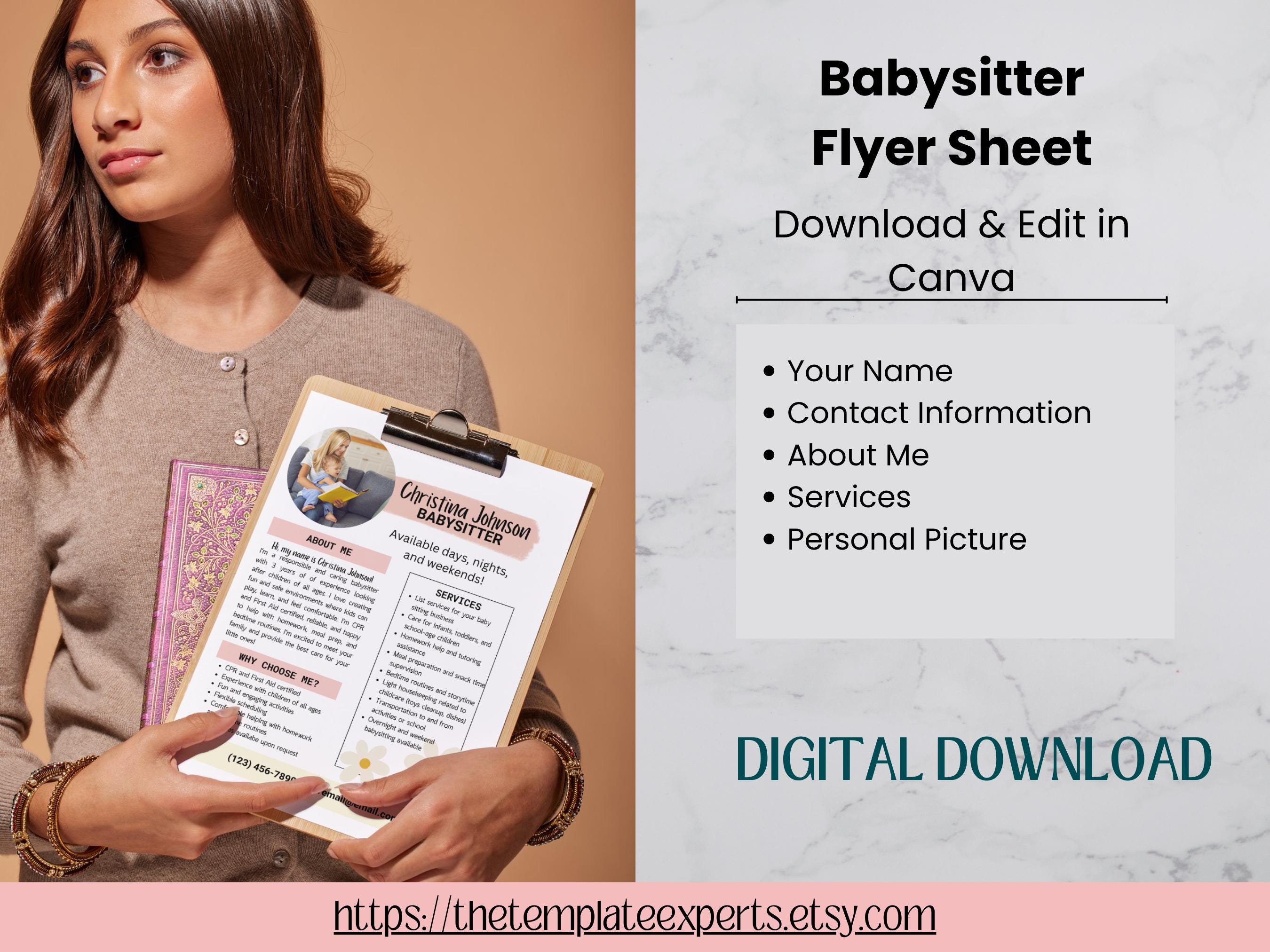 Editable Babysitting Flyer Template: Printable Babysitter Information ...