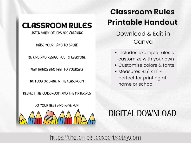 Printable Classroom Rules Template: Customizable Class Handout (8.5" X ...