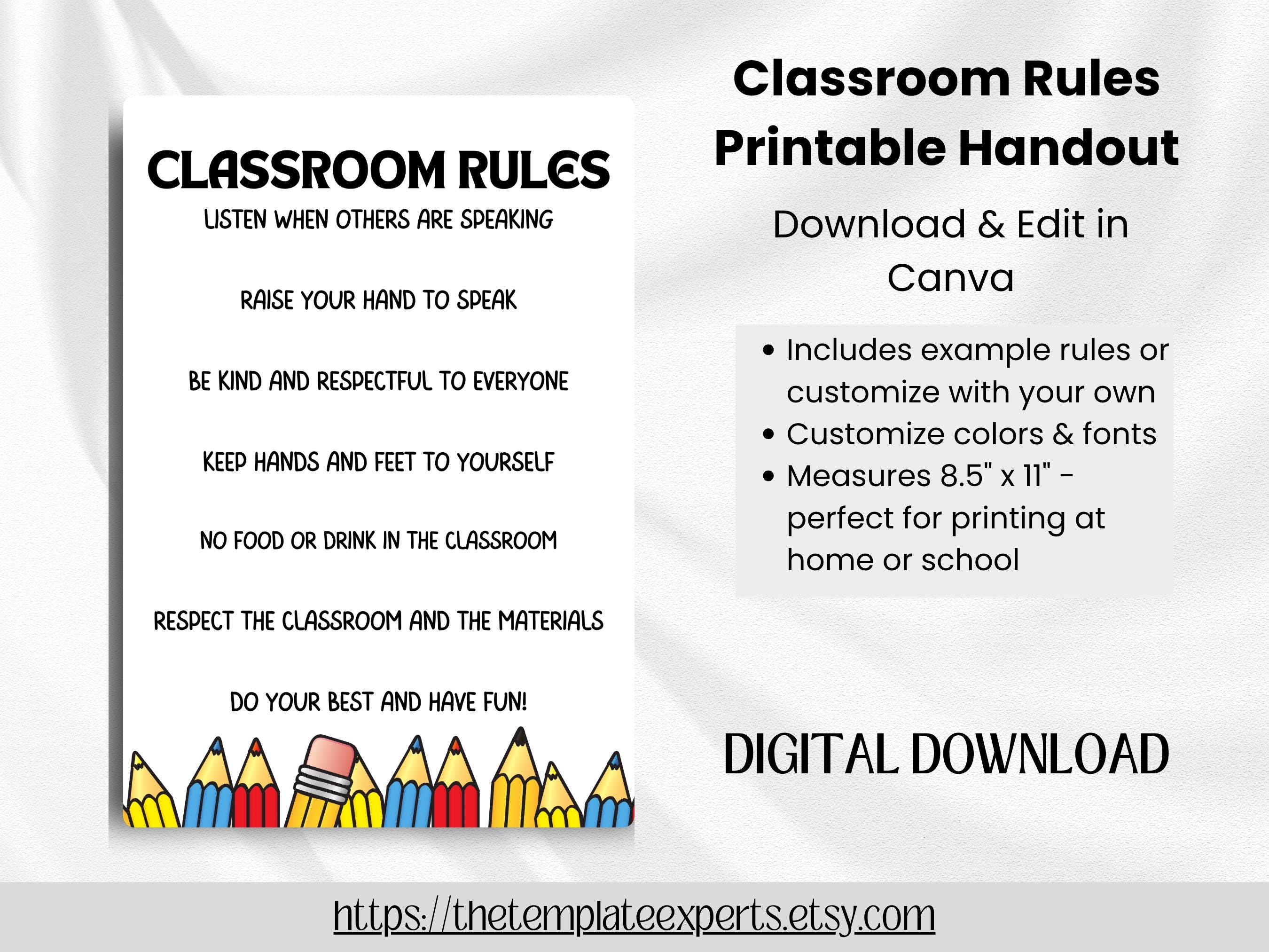 Printable Classroom Rules Template: Customizable Class Handout (8.5" X ...